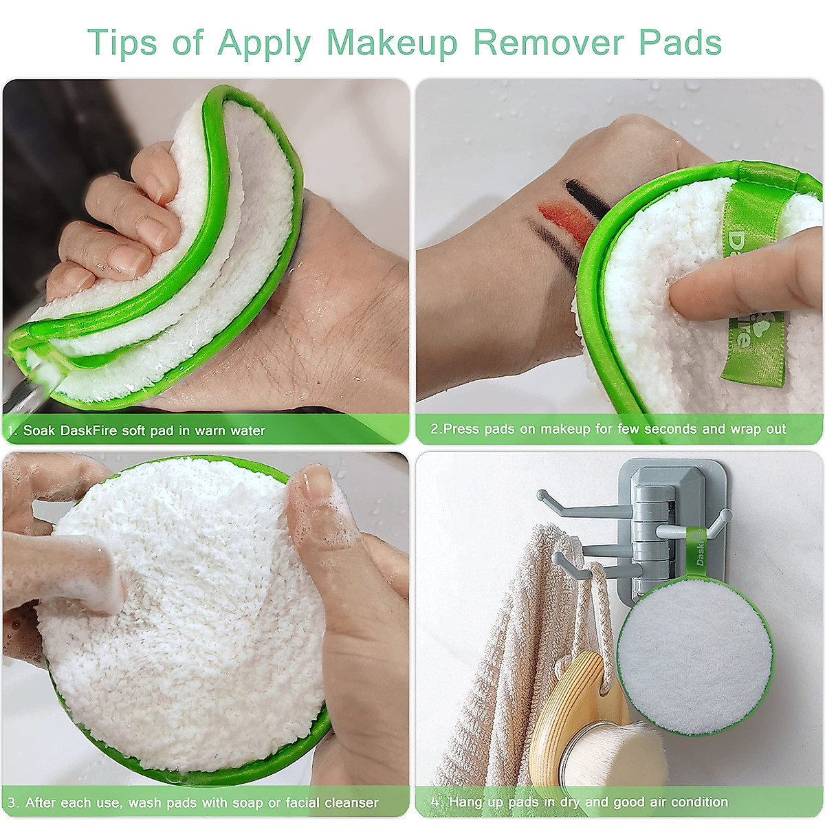 DaskFire Reusable Makeup Remover Pads, Facial Make Up Removal Wipes, Washable Face Cleaning Cloths, Hypoallergenic for Mascara, Eye Shadow, Lipstick, Foundation -3 pcs, 4.5" Dia