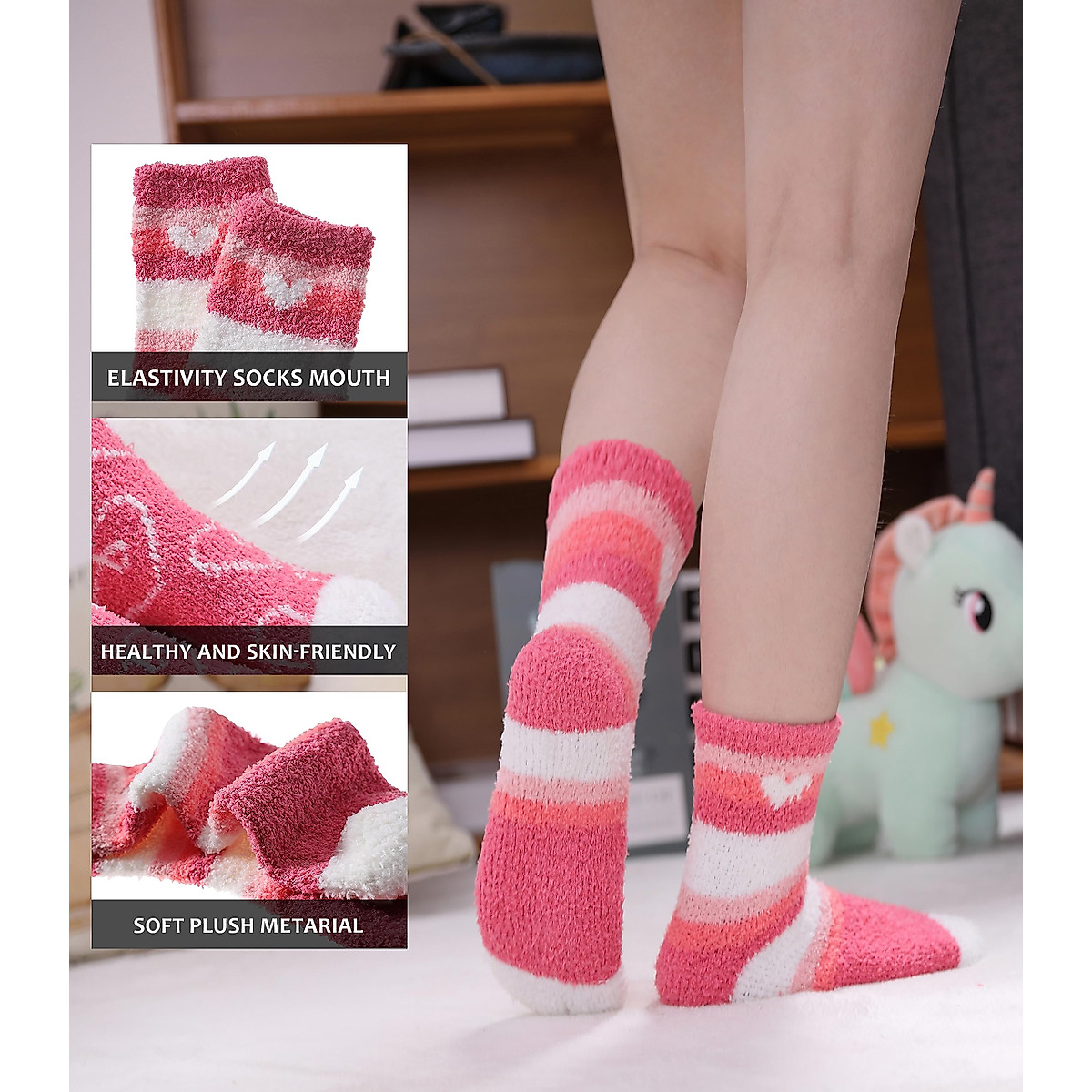 SDBING Fuzzy Socks for Women Soft Fluffy Home Sleeping Socks Cozy Warm Slipper Socks 6 or 5 Pairs (5 Pairs Pink Hearts)