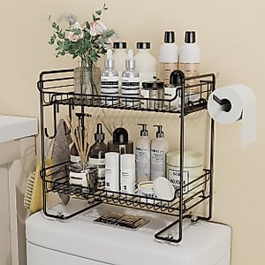 Johamoo Over The Toilet Storage, 2-Tier Bathroom Organizer Shelves, Multifunctional Bathroom Storage Rack with 4 Suction Cup, No Drilling Space Saver with Hooks, Upgrade Non-Adhesive, Black