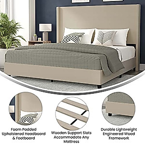 BizChair King Upholstered Platform Bed with Channel Stitched Wingback Headboard, Mattress Foundation with Slatted Supports, No Box Spring Needed, Beige