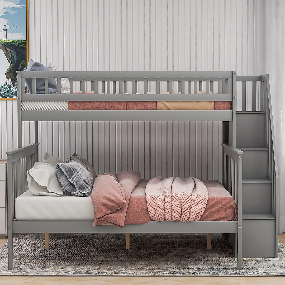 Harper & Bright Designs Twin Over Full Bunk Beds with Stairs, Wood Bunk Bed with Storage and Guard Rails,Bunk Beds Twin Over Full Size for Kids, Bedroom, Dorm, Teens, Adults, Grey
