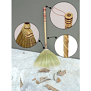 Handmade Asian Broom Natural Bamboo Wood Broomstick for Sweeping, RED or Blue Thai Grass Woven Design Corn Broom & Cover Set