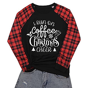 Christmas Shirts for Women I Run On Coffee and Christmas Cheer T-Shirt Raglan Xmas Holiday Tops Tee