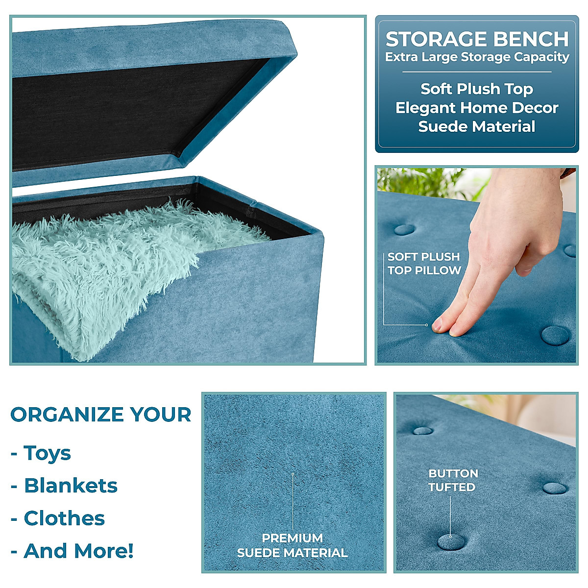 Sorbus Storage Ottoman Foot Rest Cube– Small Folding Ottoman Bedroom Bench Chest 15 Inch Toy Box Coffee Table, Shoe Storage, Foot Stool, Pouf Storage Ottoman, Seat, Suede Velvet Fabric - Teal Blue