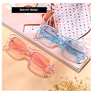 IKANOO Retro Rectangle Sunglasses for Women Men Small Square Frame Trendy Y2K 90’s Black Sunglasses (Pink)