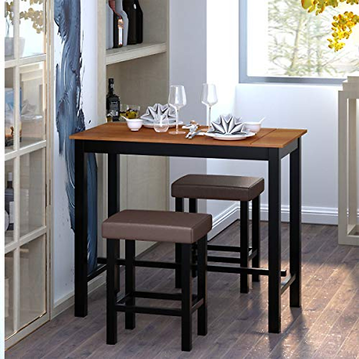 Giantex 3-Piece Pub Dining Table Set, 36 Inch Wood Counter Height Table Set with 2 Upholstered Stools, Rectangular Breakfast Table Set, Bistro Table Set, Kitchen Table Set