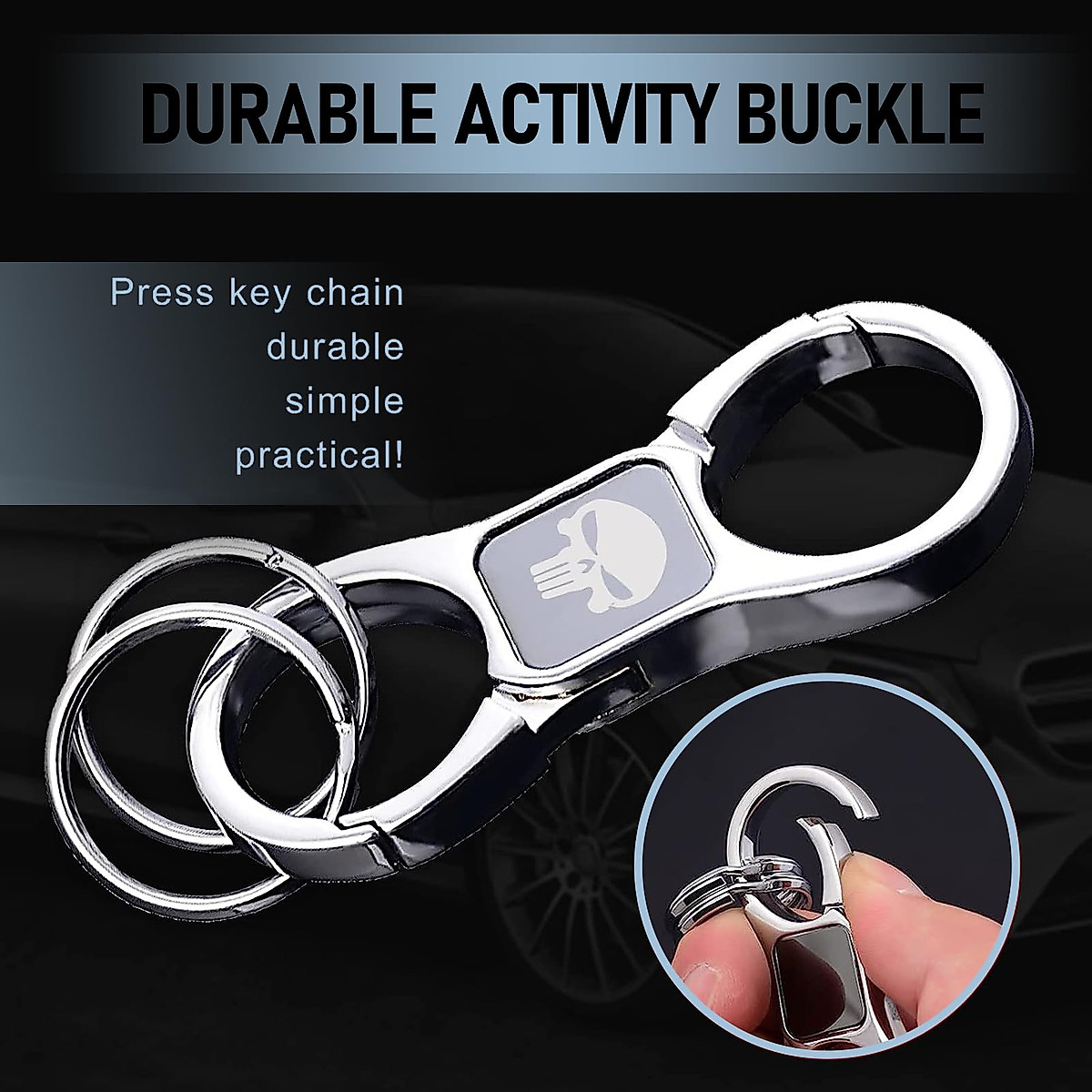 gunhunt 1 Pack Skull Key Chain, Key Chain with 2 Key Rings and Quick Release Zinc Alloy Detachable Key Chain (Silver)