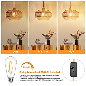 Plug in Pendant Light Paper Woven Rattan Hanging Lights Boho Hanging Lamp Rustic Farmhouse Pendant Lights for Kitchen Dining Room Bedroom Entryway, with 3-Way Dimmable Bulb (Woven)