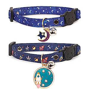 2 Pack Cotton Breakaway Cat Collar with Bell,Blue Moon and Stars Pendant Cute Cat Collar Kitten Collar,Ideal for Girl Cats Boy Cats