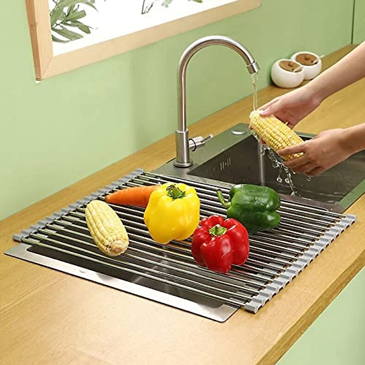 HCXMDY Roll Up Dish Drying Rack Over The Sink Kitchen,Stainless Steel Drying Rack for Farmhouse Sink,Rv Sink Cover ​Kitchen Sink Accessories,Telescopic Sink Rack(L:20" - 11",W:13")