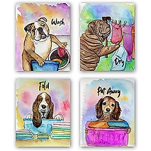 NIIORTY Colorful Puppies Laundry Room Art Decor Poster，Dog Doing Laundry，Funny Laundry Room Saying Wash Dry Fold Repeat Poster，Canvas Wall Art Printing for Home Decoration，Set of 4(8"X10"，Unframed)