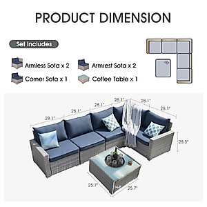 Temminkii Outdoor 6-Pieces Outdoor Warm Grey Wicker Sectional Sofas Patio Conversation Set W Blue Thickened Cushions,Coffee Table for Poolside,Backyard,Garden