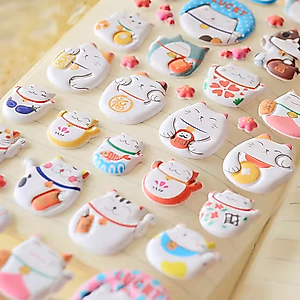 EatingBiting 4 Sheets More Than 140pcs Japanese Maneki Neko Foam Stickers Lucky Fortune Fengshui Stickers Diary Scrap Book Scrapbooking Decor Decoration School Office Stationery Reward Gift