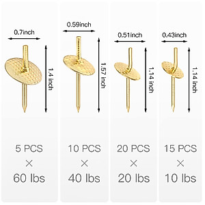 Picture Hanging Nails, Hommie Picture Hangers with10-60 lbs 50PCS Picture Hangers Hardware kit One Step Picture Hangers Nails for Drywall, Picture Frame, Canvas, Mirror Hanging Decoration