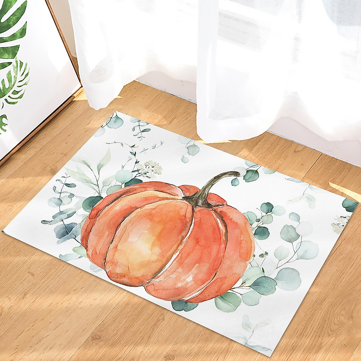 ALAGEO Fall Doormat Fall Pumpkin Door Mat Welcome Mats Entrance Floor Mat Green Eucalyptus Leaves Fall Seasonal Harvest Thanksgiving Floor Mat Outdoor Indoor Runner Rugs Non-Slip Floor Mat 20"x32"