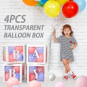PABUES Baby Boxes with 4 PCS Letters for Baby Shower White Clear Balloon Box Blocks Gender Reveal Decorations and Birthday Party