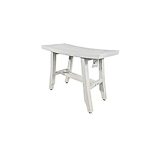 CoastalVogue Satori Teak Shower Bench Eastern Style Wood Shower Bench with Curved Seat 24″ Long Seat, Shower Stool in Antique White Finish