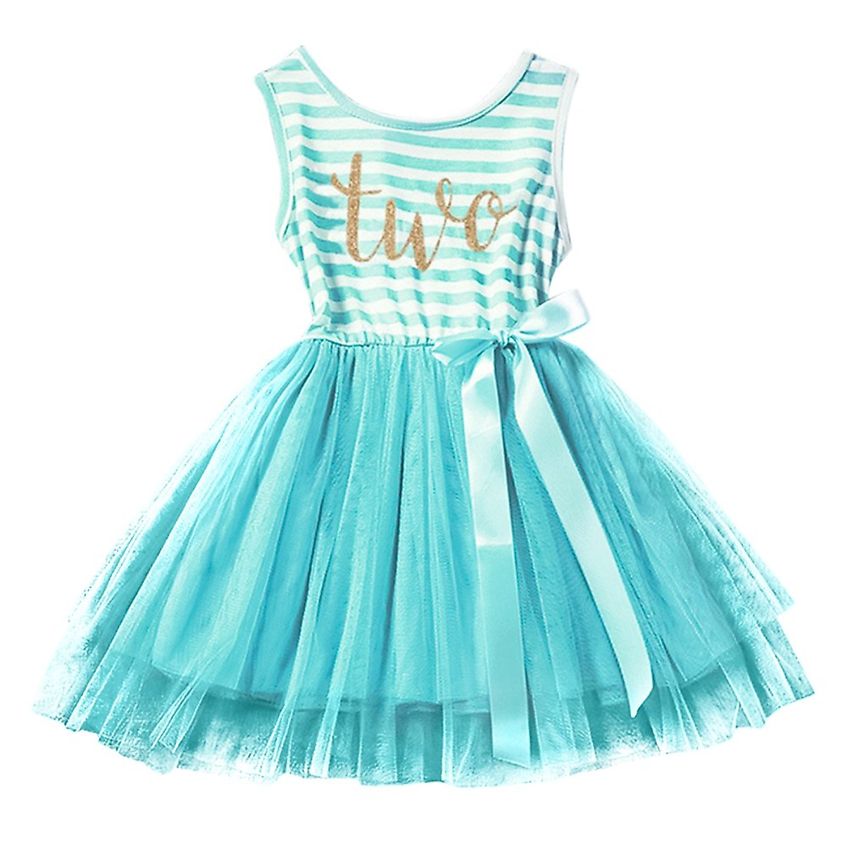 Baby Girls 2nd Birthday Outfit Sleeveless Striped Tulle Tutu Dress Two Years Birthday Cake Smash Outfits Princess Tutu Skirt Shiny Crown Print Party Bow Skirt Clothes Photo Prop Turquoise-Two Years