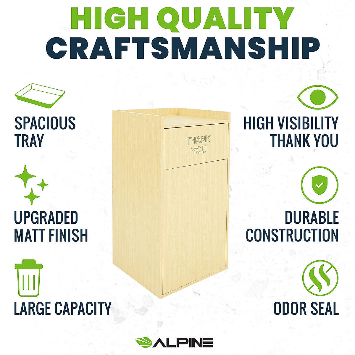 Alpine Restaurant Trash Can Cabinet with Tray Holder - Thank You Trash Can, Commercial Trash Can 40 Gallon Garbage Can Cabinet for Restaurants, Cafeterias (Oak)