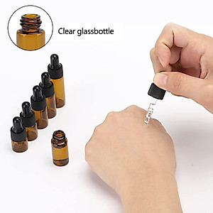 50Pcs Amber Glass Dropping Bottles 1ml 2ml 3ml 4ml 5ml Mini Essential Oil Dropper Bottles Empty Travel Sample Vials with Black Cap for Essential Oils, Aromatherapy, Cosmetic, Laboratory, Traveling