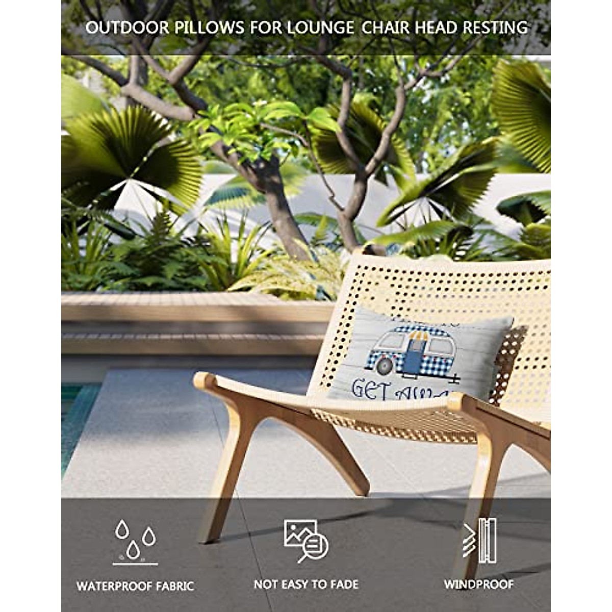 Recliner Head Pillow Ledge Loungers Chair Pillows with Insert Cute Blue Camper Summer Travel Rustic Wood Grain Lumbar Pillow with Adjustable Strap Outdoor Waterproof Patio Pillows, 2 PCS