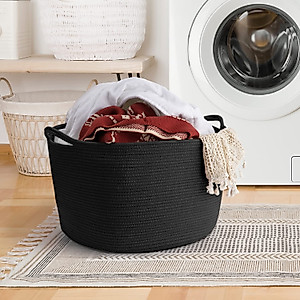Blanket Basket Living Room, Cotton Rope Basket for Storage, Maliton Woven Extra Large Basket, 22" x 14" Nursery Laundry Basket with Handles, Toy Storage Basket Bin for Baby and Pet, Black