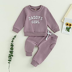 Sduydiosy Toddler Baby Girl Fall Outfit Letter Print Sweatshirt Top Elastic Waist Pant Cute Infant Newborn Winter Clothes Set (Daddys Girl Purple, 12-18 Months)