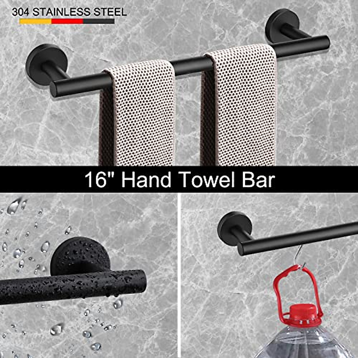 8-Piece Bathroom Hardware Accessories Set: Matte Black Stainless Steel Wall Mount Kit Include 16" Hand Towel Bar | Towel Ring | Toilet Paper Holder | Razor Holder | 4 Robe Towel Hooks