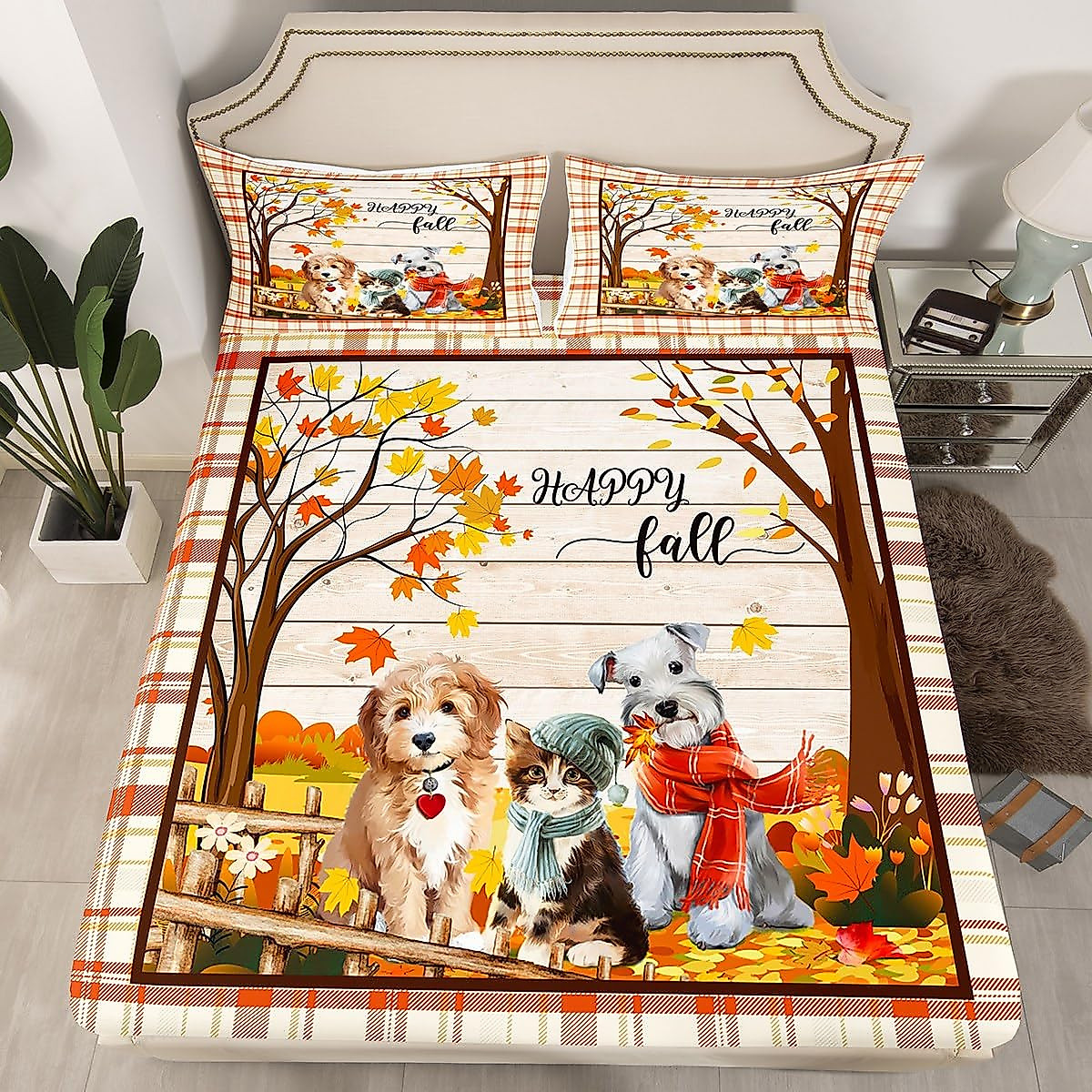 Castle Fairy Happy Fall Plaid Bed Sheet Set for Boys Girls,Cute Dog Cat Animals Halloween Bed Sheet Set Full Size Bedding Set,Maple Leaves Retro Check Geometric Fitted Sheet and 1 Flat, 2 Pillow Sham