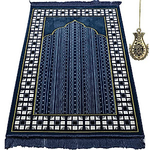 Modefa Turkish Islamic Prayer Rug - Thin & Lightweight Velvet Praying Carpet - Soft Muslim Praying Mat Janamaz - Ramadan or Eid Gift for Men & Women - with Car Hanger - Vined Arch (Blue)