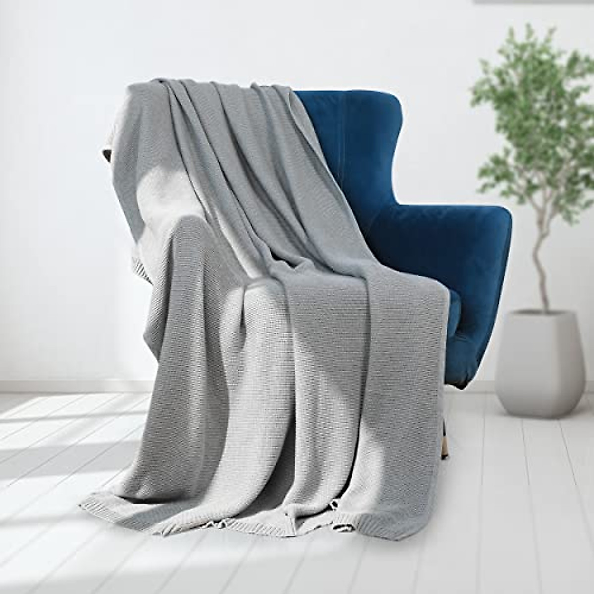 Yoofoss 100% Cotton Knitted Throw Blanket 75" x 55", Breathable Cozy Neutral Thermal Bed Blanket, All Season Decorative Throw Blanket for Couch, Bed, Home Decor, Grey