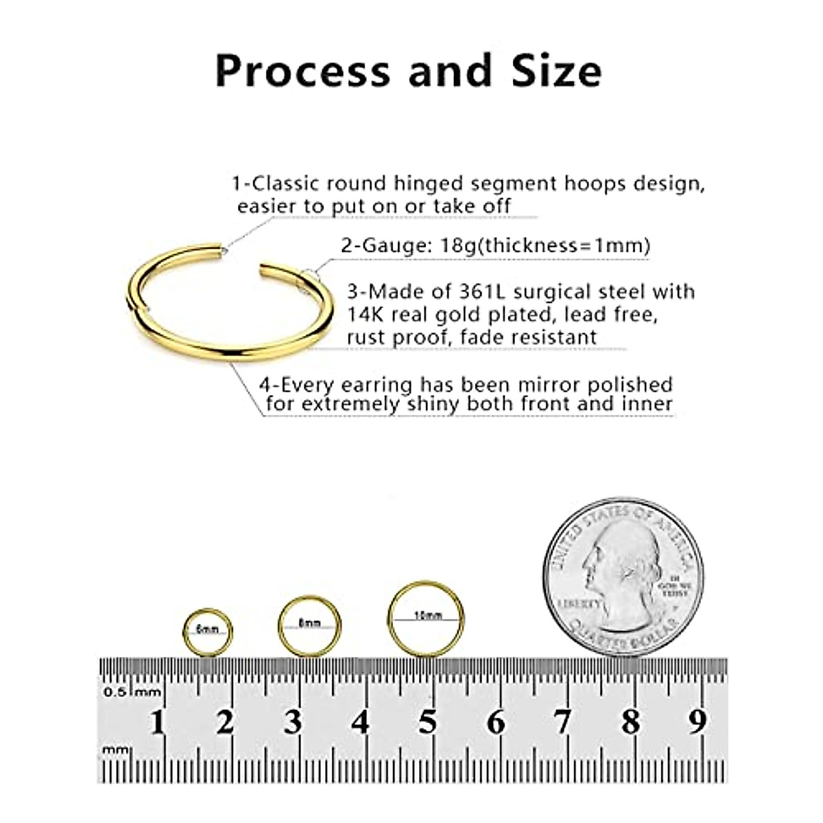 Motbegit Small Gold Hoop Earrings: 14K Gold Plated Huggie Hoop Earrings for Cartilage Helix Tragus 18g Tiny Thin Hoop Earrings for Women Men