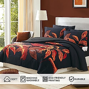 WRENSONGE Floral Duvet Cover Queen, 3 Pcs Black Red Flowers and Leaves Printed Comforter Cover with Zipper Corner Ties, Microfiber Duvet Cover Bedding Set for All Season, Soft, Breathable, Durable