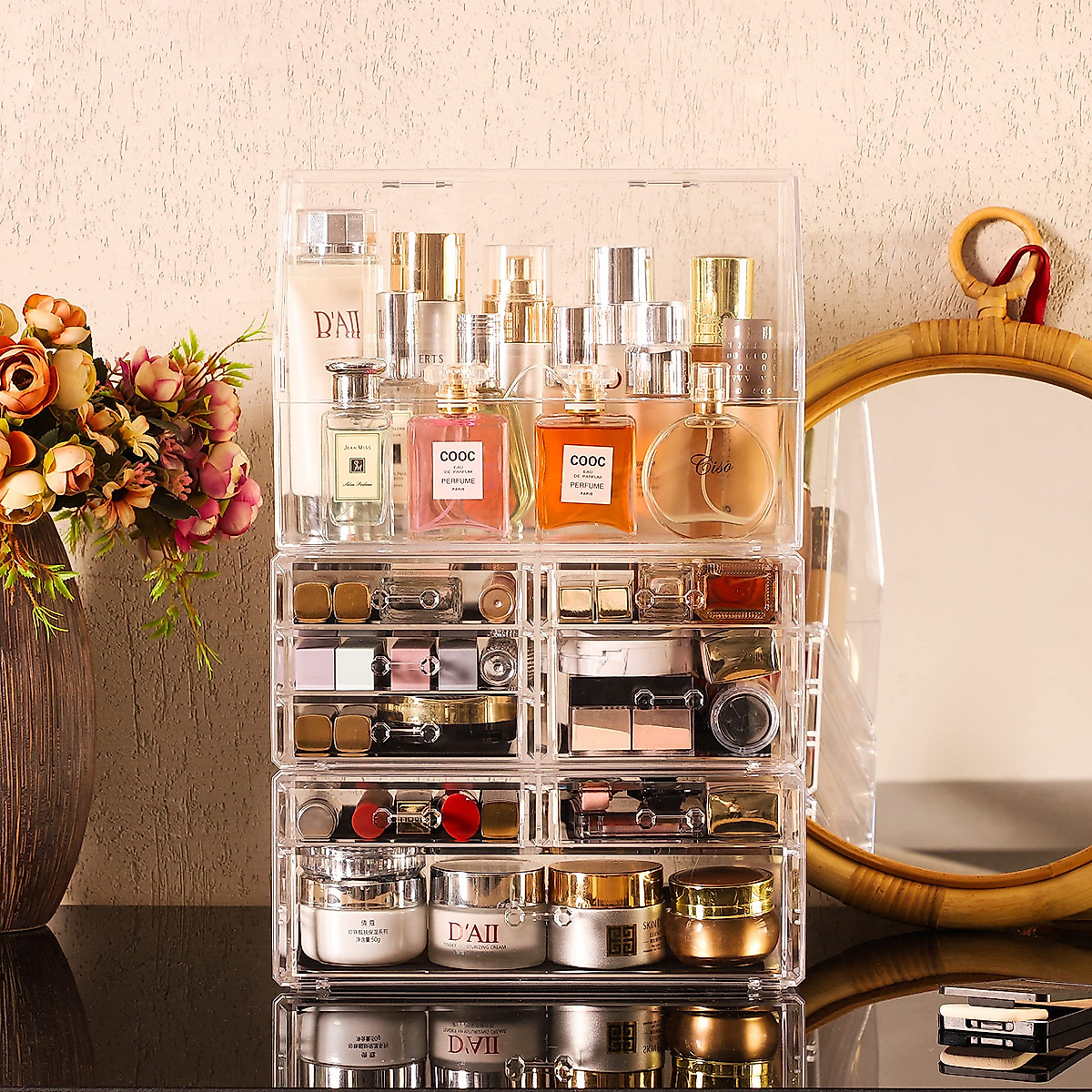 Cq acrylic Clear Makeup Organizer for Vanity Countertop,Dustproof Waterproof Bathroom Organization With 8 Drawers For Beauty Skin Care Skincare Product Organizing and Perfume Cosmetic Storage Case