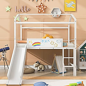 Twin Size House Loft Bed with Slide, Metal Bedframe w/Two-Sided writable Wooden Board,Kids Loft Bed Frame Built-in Ladder for Girls Boys Teens,No Need Spring Box,White