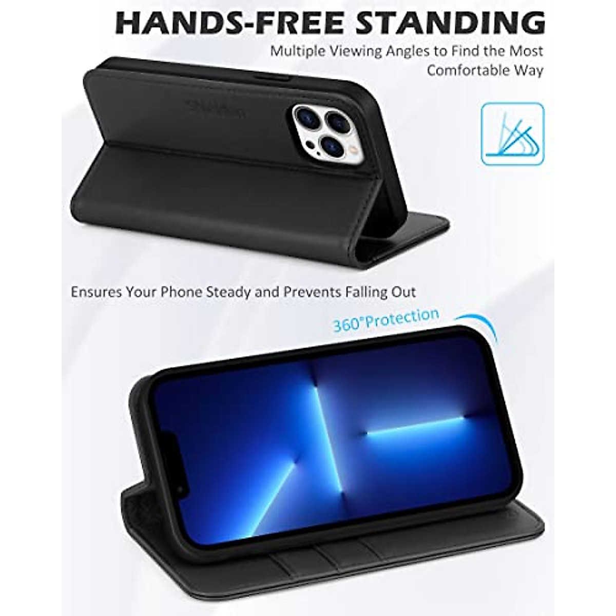 SHIELDON Case for iPhone 13 Pro 5G, Genuine Leather Wallet Case RFID Blocking Credit Card Holder Folio Magnetic Kickstand Shockproof Cover Compatible with iPhone 13 Pro 5G (6.1" 2021 Release) - Black