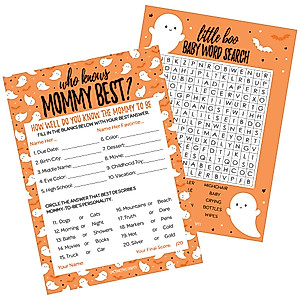 Orange Little Boo is Almost Due Halloween Baby Shower Party Games - Who Knows Mommy Best and Word Search (2 Activity Game Bundle) - Set of 20 Player Cards