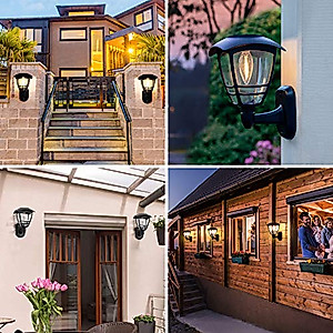 2 Pack Solar Wall Lantern Lights Outdoor Waterproof, Black Sun Powered Wall Light Fixtures, Sturdy Plastic LED Wall Lantern, Clear Warm White Lighting for Yard, Front Porch, Garage and Garden
