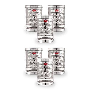 HAZEL Stainless Steel Container For Kitchen Storage Hammered Finish Transparent See Through Glossy Storage Jar Dabba, Set of 6, 2200 ML, Silver