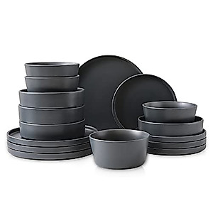 Stone Lain Celina Stoneware 16-Piece Dinnerware Set, Cereal and Dinner Bowls, Grey