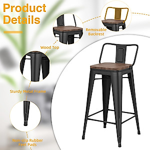 Yongchuang 30 inch Bar Stools Set of 4 Bar Height Metal Barstools with Wood Seat Low Back Kitchen Bar Chairs Matte Black