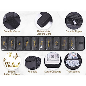 Money Wallet, Money Organizer for Cash with 10 Zippered Pocket, Large Capacity Money Pouch, Money Bag, Unisex Budget Wallet,Cash Bag with 60 Sticker Labels, Money Holder for Budgeting,Receipt and Tips