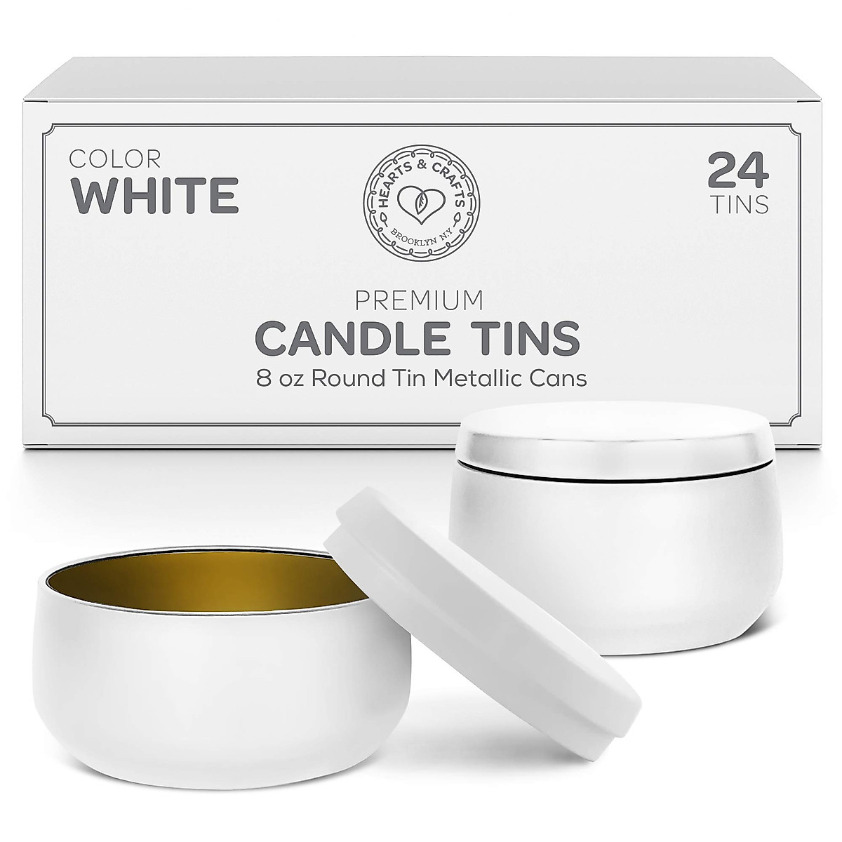 Hearts & Crafts White Candle Tins 8 oz with Lids - 24-Pack of Bulk Candle jars for making Candles, Arts & Crafts, Storage, Gifts, and More - Empty Candle Jars with Lids