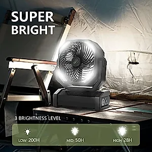 SALLOUS Camping Fan with LED Light, 20000mAh Rechargeable Battery Operated Table Fan, Auto-Oscillating Tent Fan with Remote & Hook, 4 Speed Portable Camping Fan for Travel Picnic Fishing, Black