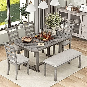 CITYLIGHT 6 Piece Kitchen Dining Table Set, Rubber Wood Rectangular Dining Table with Beautiful Wood Grain Pattern Tabletop Solid Wood Veneer and Soft Cushion for Home, Dining Room(Gray)