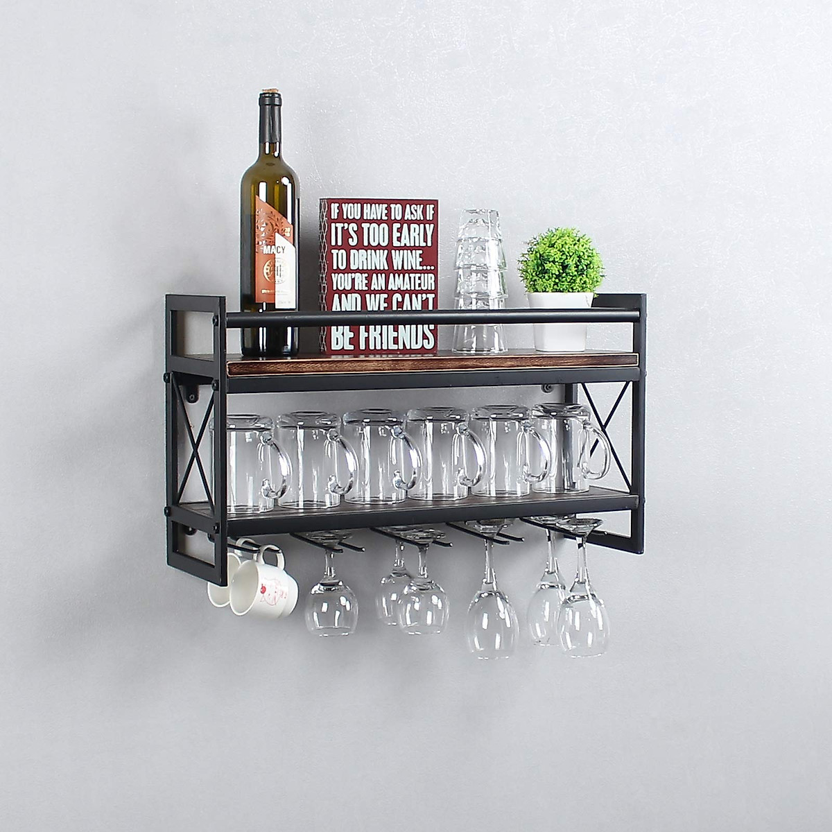 MBQQ Wine Rack Stemware Glass Rack,Industrial 2-Tier Wood Shelf,36" Wall Mounted Wine Racks with 8 Stem Glass Holder for Wine Glasses,Mugs,Home Decor,Black