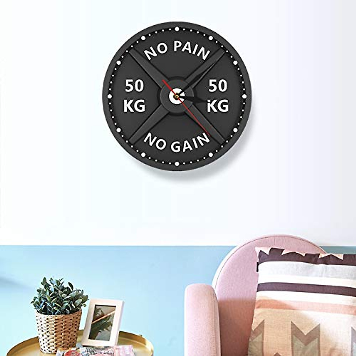 YUYANG Wall Clock 12 Inch No Pain No Gain 50Kg Barbell Modern Printed Acrylic Wall Clock Weight Lifting Dumbbell Bodybuilding Wall Watch Gym Decor Gift Sports Wall Clock