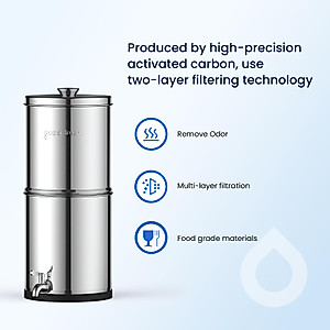 GLACIER FRESH Gravity-fed Water Filter System, Stainless Steel 2.25G Gravity Water Filter with 2 Black Carbon Filters and Metal Spigot, for Home, Camping, and RVing