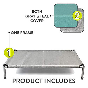 Hyper Pet's Raised Rest Deluxe Elevated Dog Bed (Outdoor Dog Bed-Great Raised Dog Bed, Small Dog Bed- Medium Dog Bed) [Value Pack 1 Frame-2 Covers Gray/Teal] 30"x20'x6.99"