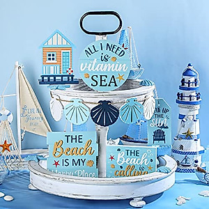 10 Pieces Tiered Tray Decor Farmhouse Mini Wood Signs Decorations for Bee Lemon Sunflower 4th of July Birthday Summer Party Decoration(Sea Style)